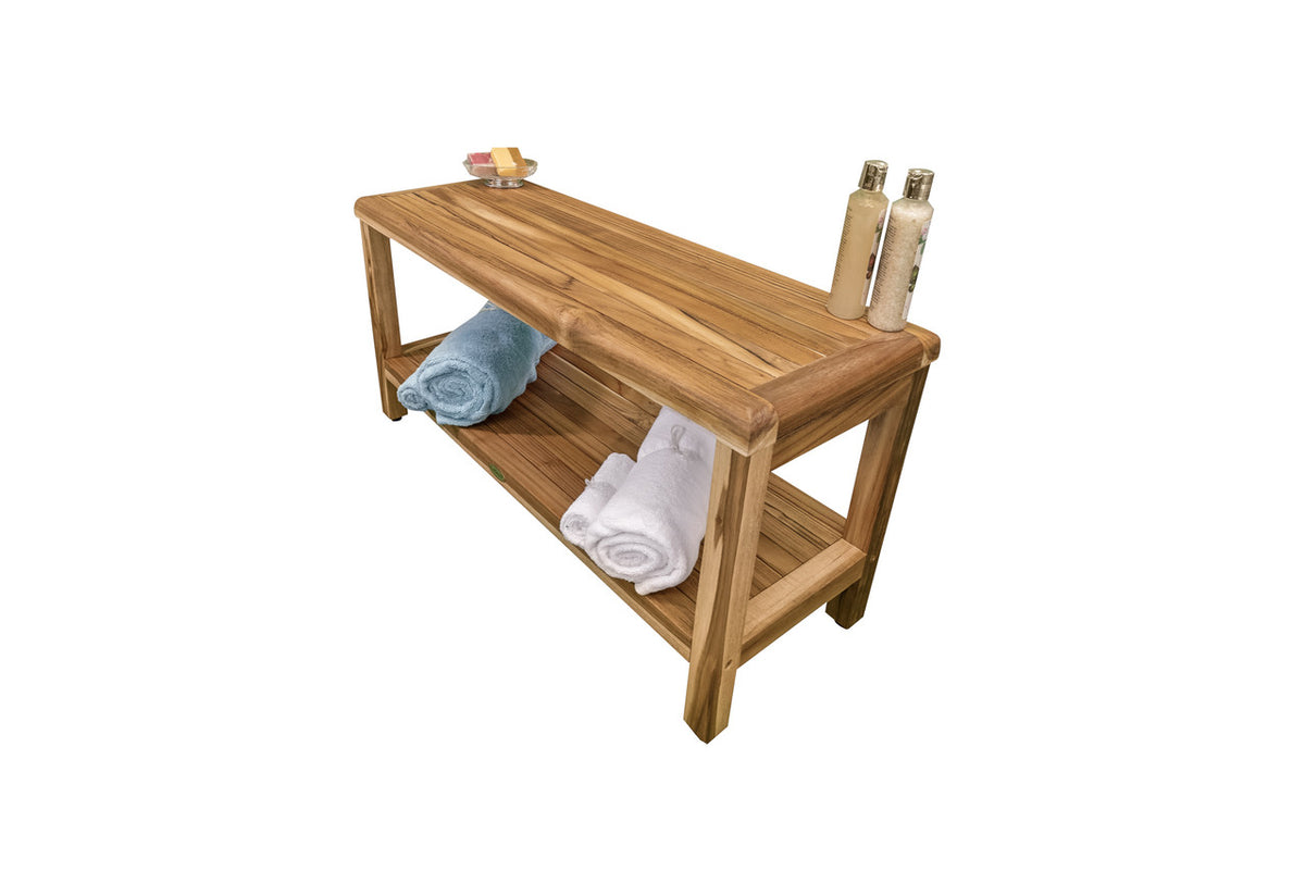 EcoDecors EarthyTeak Eleganto™ 35 inch Teak Shower Bench with Shelf