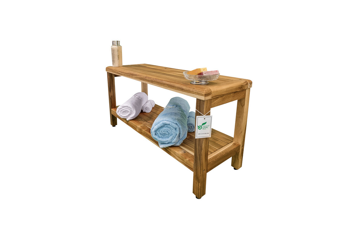 EcoDecors EarthyTeak Eleganto™ 35 inch Teak Shower Bench with Shelf